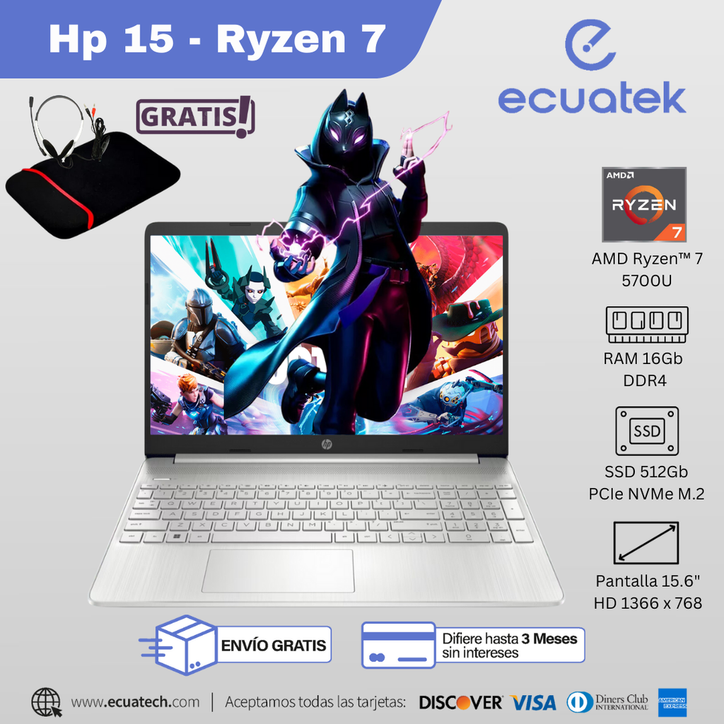 Laptop HP 15-EF2525LA AMD Ryzen 7-5700U, Ram 16Gb, Disco SSD 512Gb, 15.6" HD, Bluetooth 4.0, 1 ...